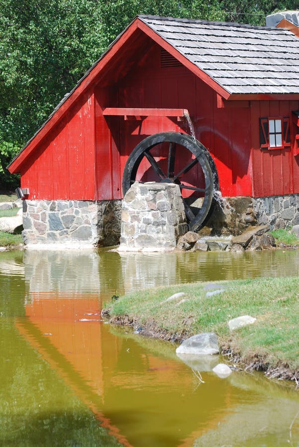 Red watermill by stream stock image. Image of mill, stream - 25485645