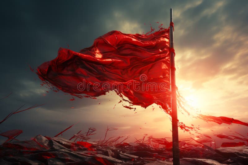 Red Waving Flag in the Wind on Sunny Landscape Stock Image - Image of ...