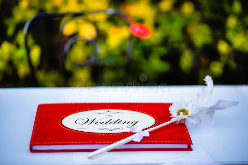 The Red Wedding Guess Book with Vintage Pen Stock Image - Image of ...