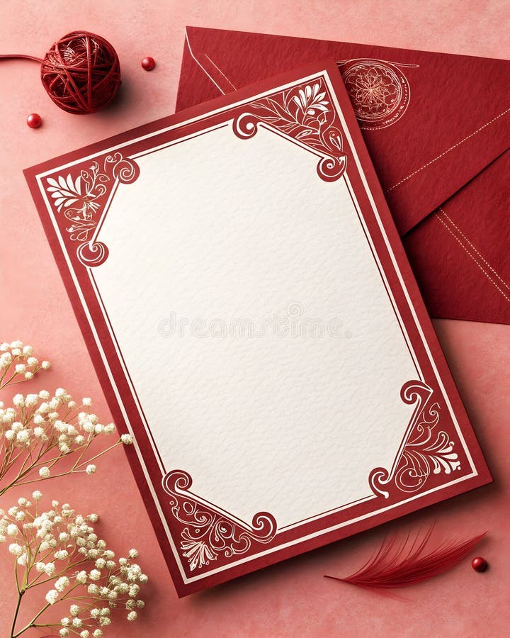 A Red Wedding Invitation Card Mockup with a Red Envelope Stock ...