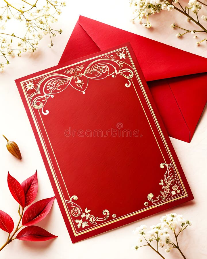 A Red Wedding Invitation Card Mockup with a Golden Border and Floral ...