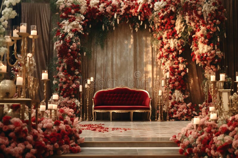 Red Wedding Photo Zone Decoration with Flowers. Generative AI Stock ...