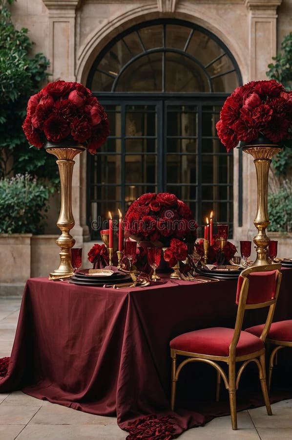 "Red Wedding Table Centerpieces with Oversized Floral Elements" Stock ...