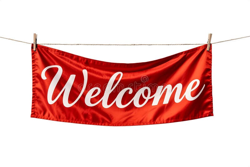 Red Welcome Banner, Red Decorated Fabric Cloth Banner Hanging on a ...