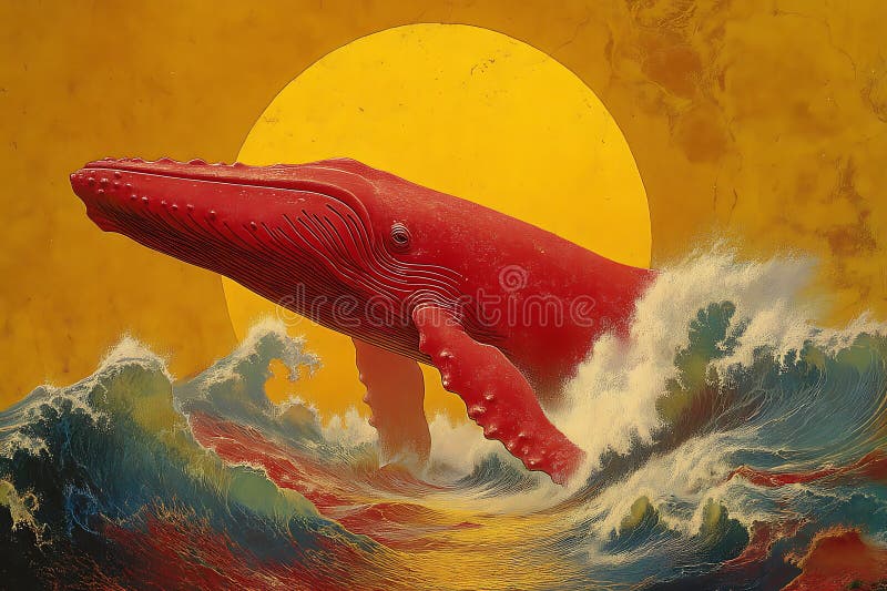 A Red Whale Breaches Dramatically from Stylized Ocean Waves, Set ...