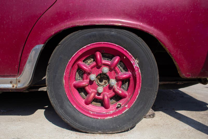 Red Wheel of an Old American Car on a Sunny Day Stock Photo - Image of ...