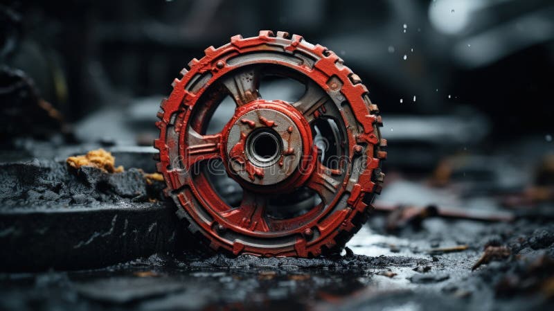 A Red Wheel Sitting on a Wet Ground with Water Around it, AI Stock ...