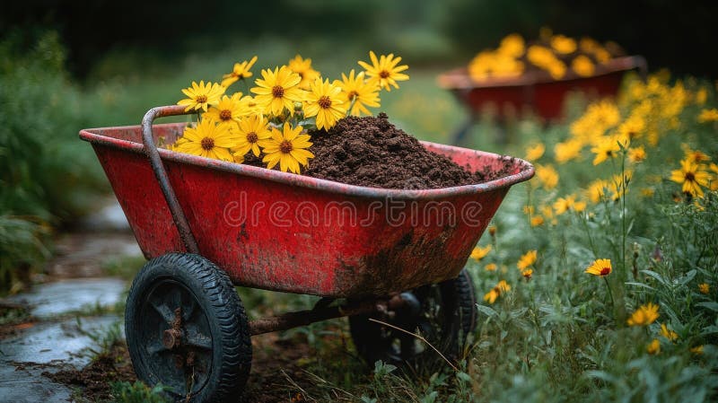 Red Wheelbarrow with Yellow Daisies and Soil in Lush Garden Setting ...