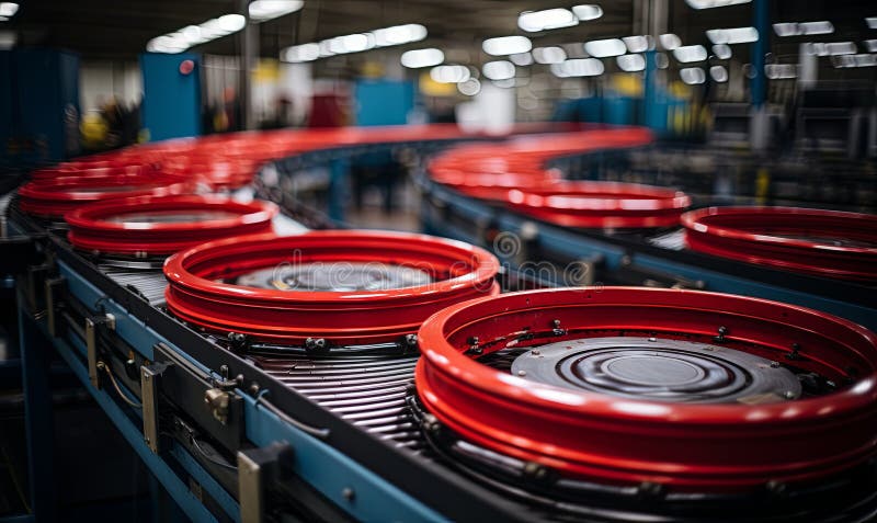 Red Wheels Moving Along Conveyor Belt Stock Image - Image of industry ...