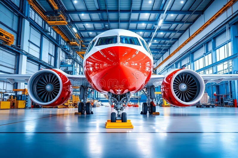 A Large Passenger Jet Sitting Inside of a Large Hangar Stock Image ...