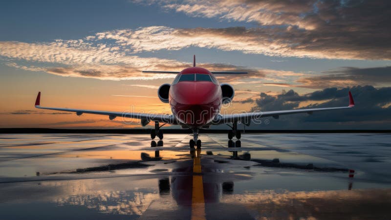A Red and White Airplane Sitting on a Runway at Sunset, AI Stock Photo ...