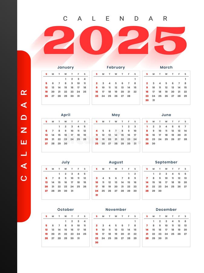 Red White 2025 Annual Calendar Template a Printable Design Stock Vector ...