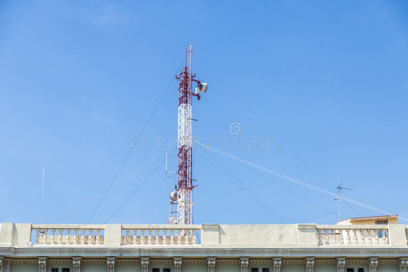 Red and White Antenna (cellular Tower) Under Blue Sky. Stock Image ...