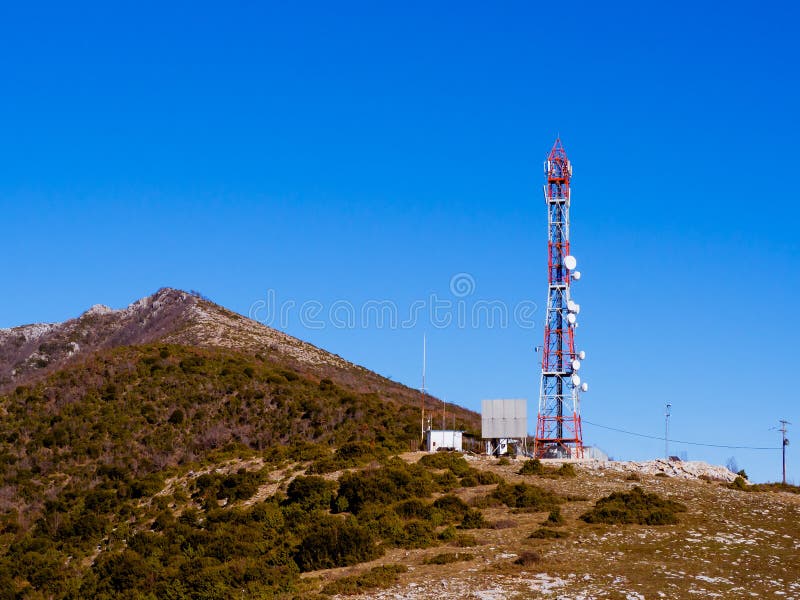 Red and White Antenna (cellular Tower) Under Blue Sky. Stock Image ...