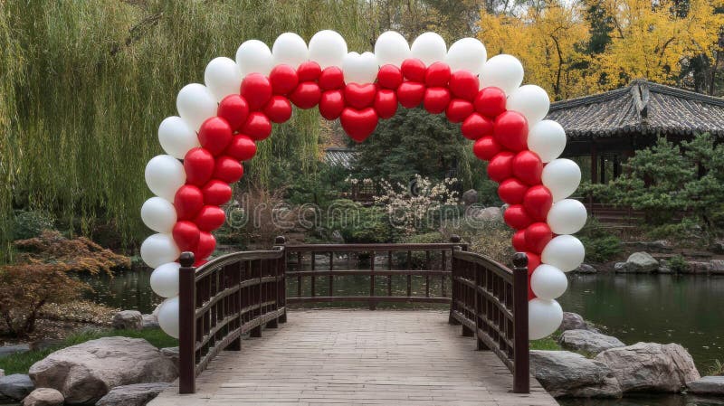 Red and White Balloon Arch Over Garden Bridge Stock Illustration ...