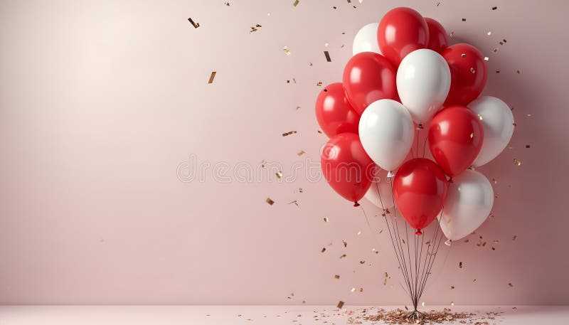 Red and White Balloon Cluster with Confetti on Gray Background Stock ...