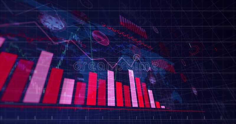 Red and White Bar Graphs with Data Processing Animation Over Digital ...