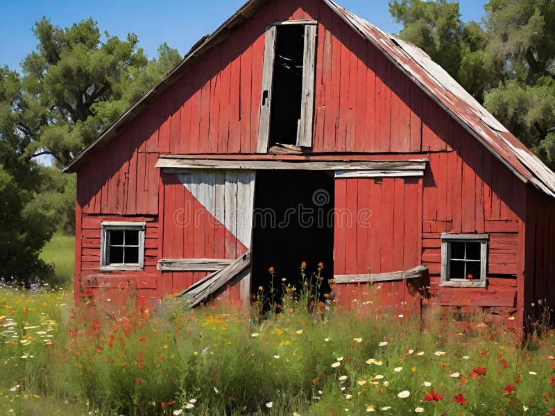 Red and White Barn in Countryside Stock Illustration - Illustration of ...