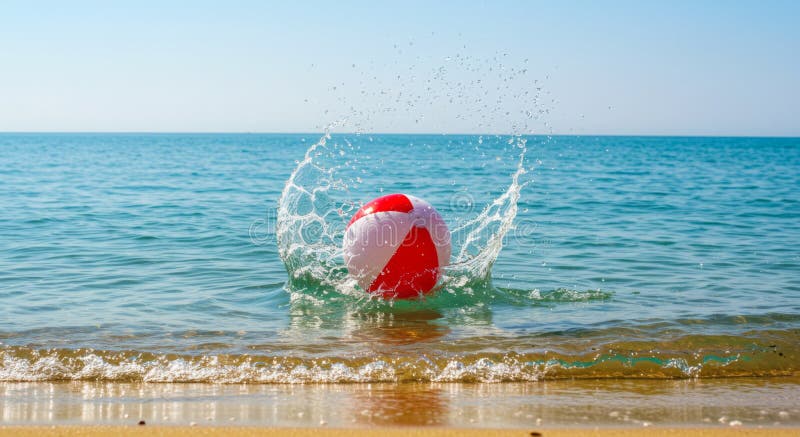 Red and White Beach Ball Splashing in Ocean Water Stock Illustration ...