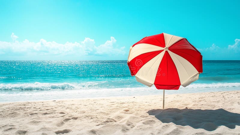 Red and White Beach Umbrella Open on the Sandy Beach Stock Photo ...