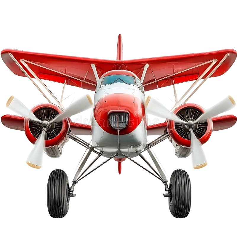 A Red and White Biplane with Two Propellers is Shown in a Front View ...