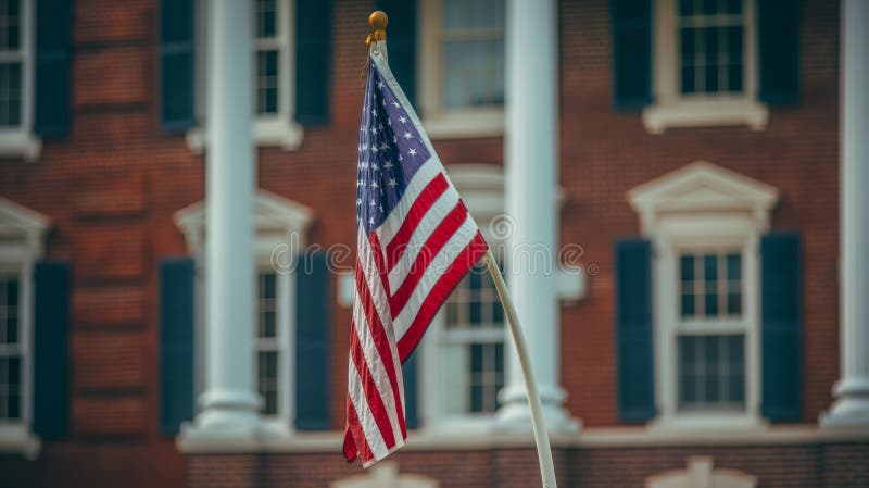 A Red, White, and Blue American Flag is Flying Outside of a Brick ...