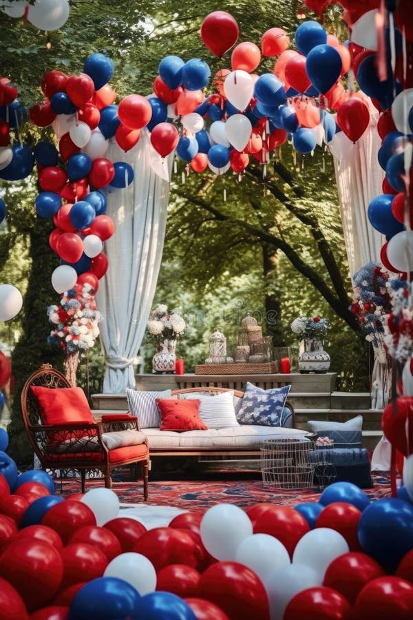 Red, White, and Blue Balloons Floating Above a Festive Outdoor Setup ...