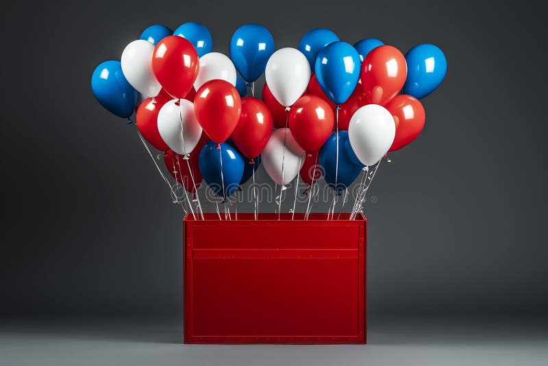 Red and Blue Balloons Fly Out of the Box Stock Image - Image of white ...