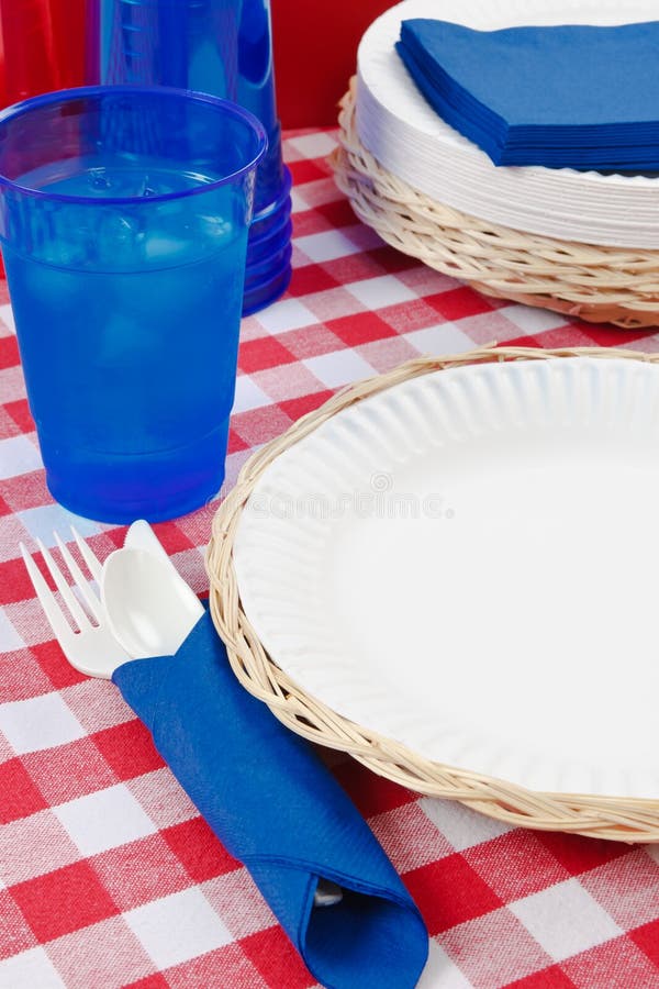 Red, White and Blue Picnic Table Setting Stock Photo - Image of cups ...