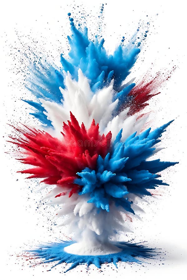 Red, White, and Blue Powder Explosion on White Background. Dynamic ...
