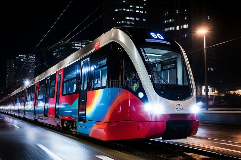 A Red White and Blue Train on the Tracks Stock Illustration ...