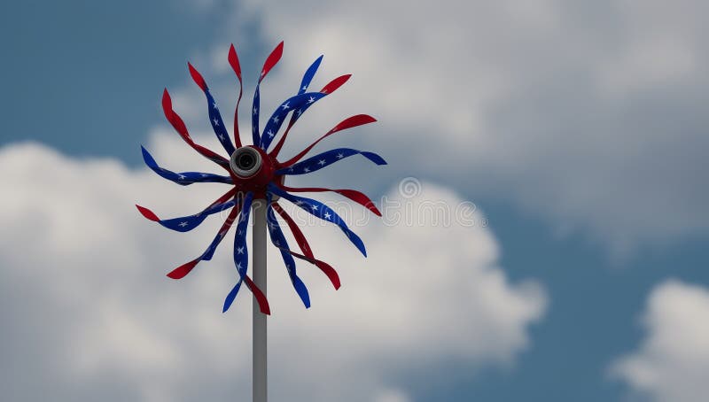 A Red, White and Blue Windmill with a Blue Sky in the Background Stock ...