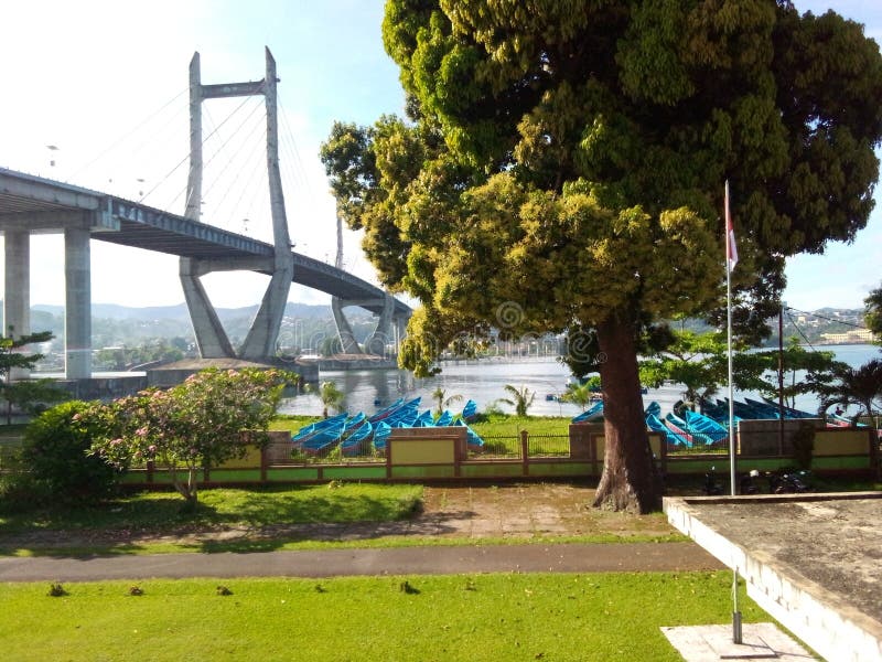 Red White Bridge in Ambon City Stock Image - Image of tourism, walkway ...