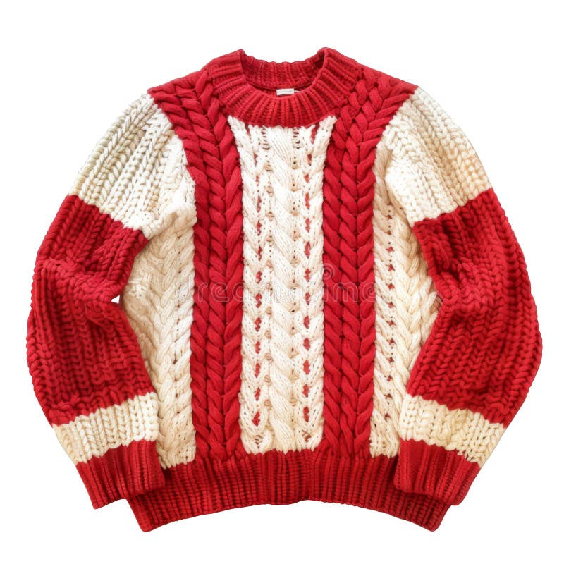 Red and White Cable Knit Sweater with Striped Sleeves Stock Photo ...