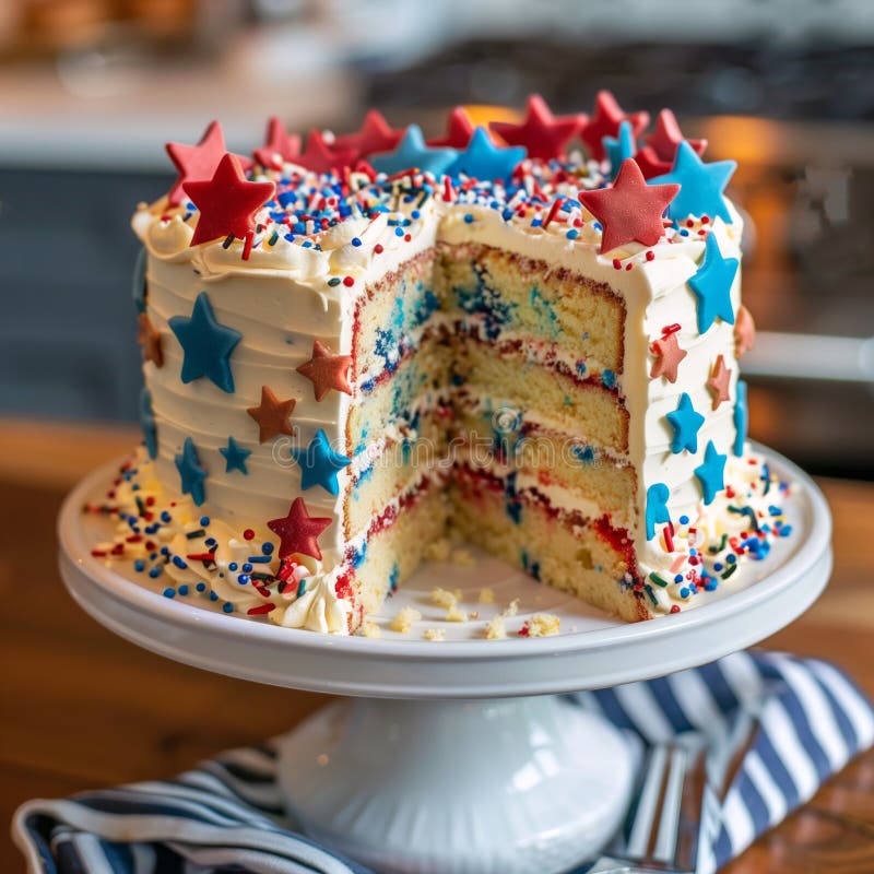 A Red and White Cake with Blue Stars on Top, 4th July Cake Stock Image ...