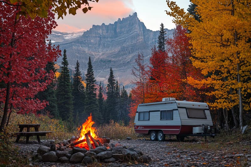 A Red and White Camper is Parked Next To a Fire Pit in a Quality. Stock ...