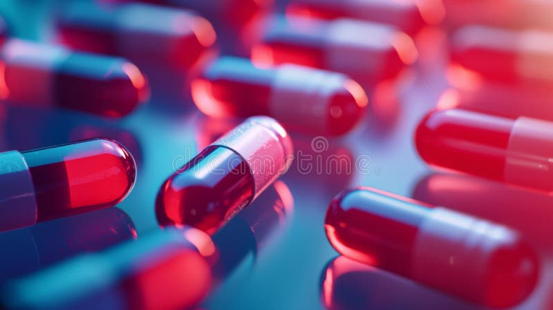Red and White Capsules Scattered on Reflective Surface Stock Photo ...