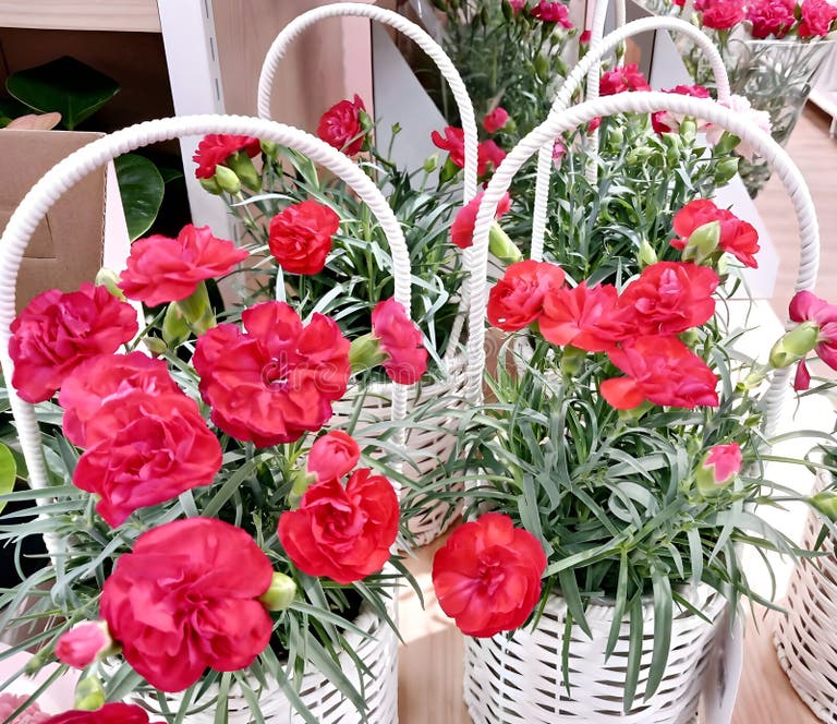 Red and White Carnations Showcased in Baskets Stock Photo - Image of ...