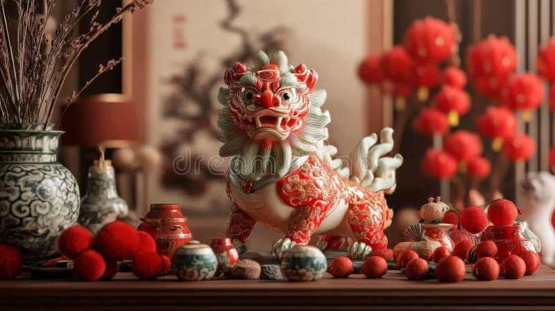 Red and White Ceramic Foo Dog Figurine on Wooden Table with Asian Decor ...