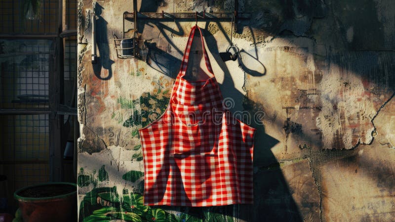 A Red and White Checkered Apron Hanging on a Wall, Ready for Use Stock ...