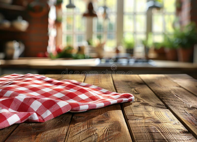 Red and White Checkered Cloth on Wooden Table Stock Image - Image of ...
