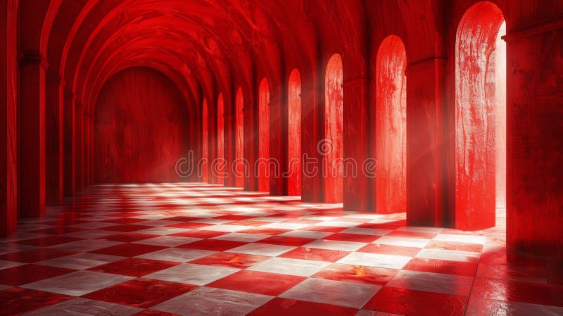 A Red and White Checkered Floor in a Long Hallway, AI Stock Photo ...