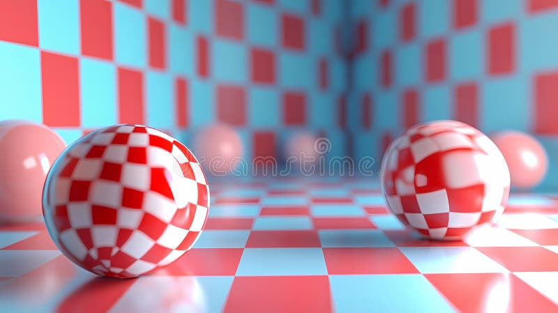 Red and White Checkered Spheres are Placed on a Reflective Surface with ...