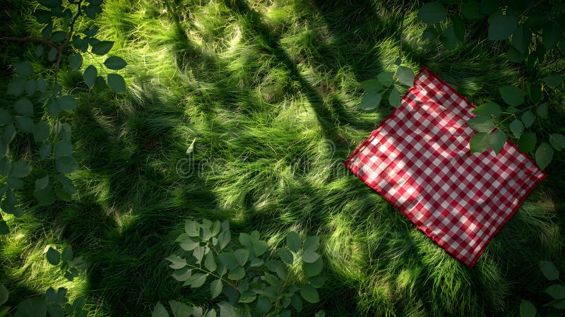 Red and White Checkered Tablecloth on Grass. Generative by AI Stock ...