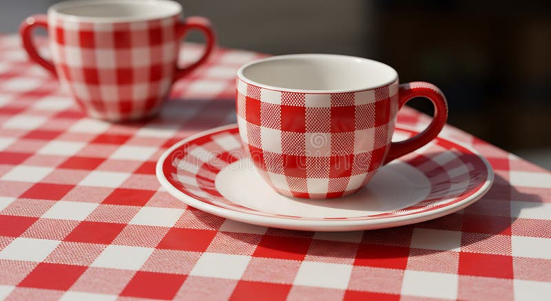 Red and White Checkered Teacups with Matching Saucers are Placed on a ...