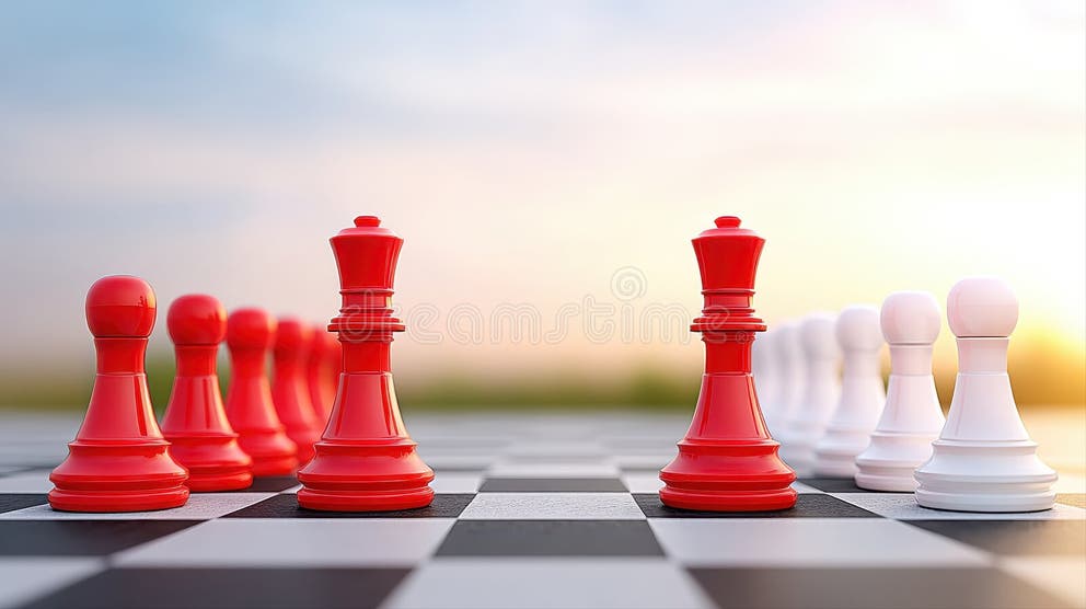 Red and White Chess Pieces Facing Each Other on a Checkered Board ...