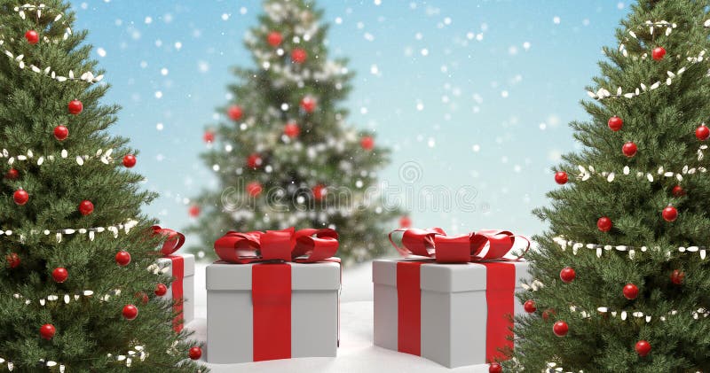 Red White Christmas Presents with Christmas Trees 3d-illustration Stock ... Red White Christmas Presents with Christmas Trees 3d-illustration Stock ...