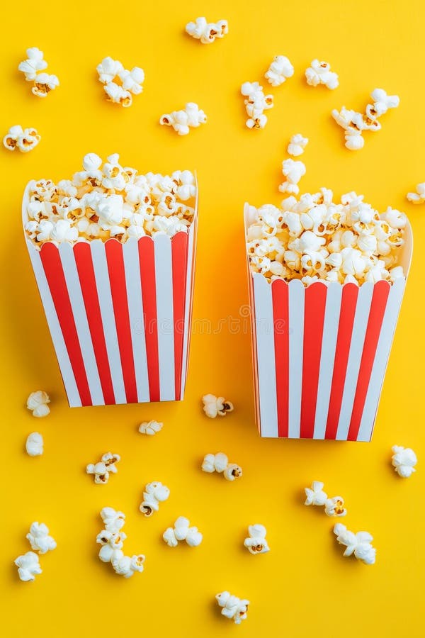 Red and White Cinema Boxes with Popcorn Falling from Them on a Yellow ...