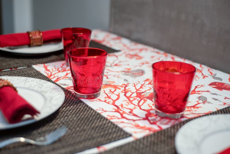 Red and White Colors on the Prepared Table Setting Stock Image - Image ...
