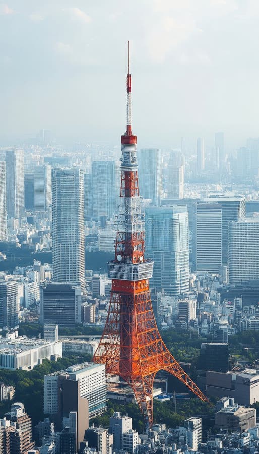 Red and White Communication Tower Overlooking Cityscape, Urban ...